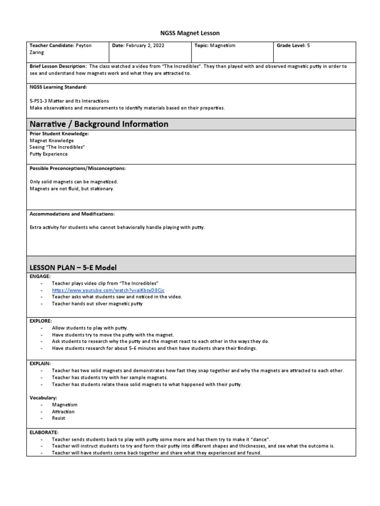 Magnetism Lesson Plan for 5th Grade | PDF | Teachers | Lesson Plan