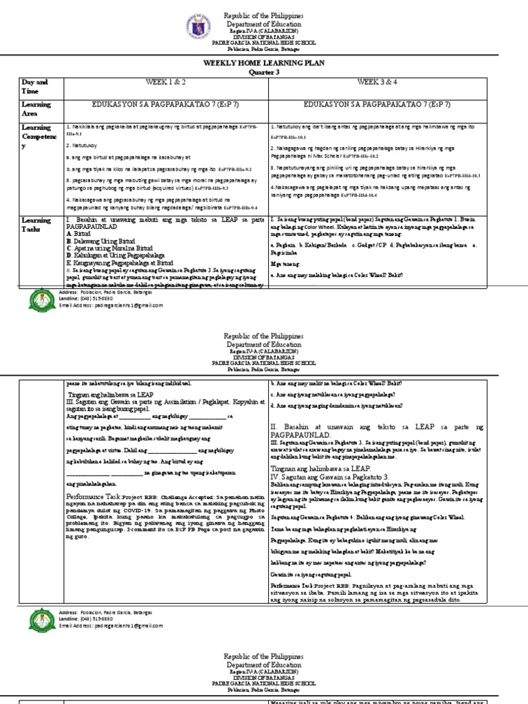 EsP 7 Weekly Home Learning Plan Week 1 4 Third Quarter2022 | PDF