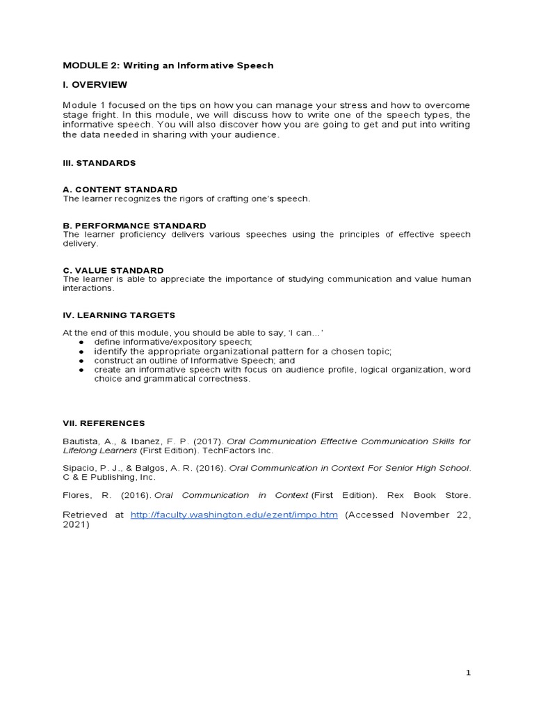MODULE 2: Writing An Informative Speech I. Overview: Iii. Standards A ...