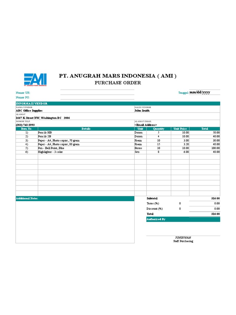 Purchase Order Template for Office Supplies | PDF | Market (Economics ...