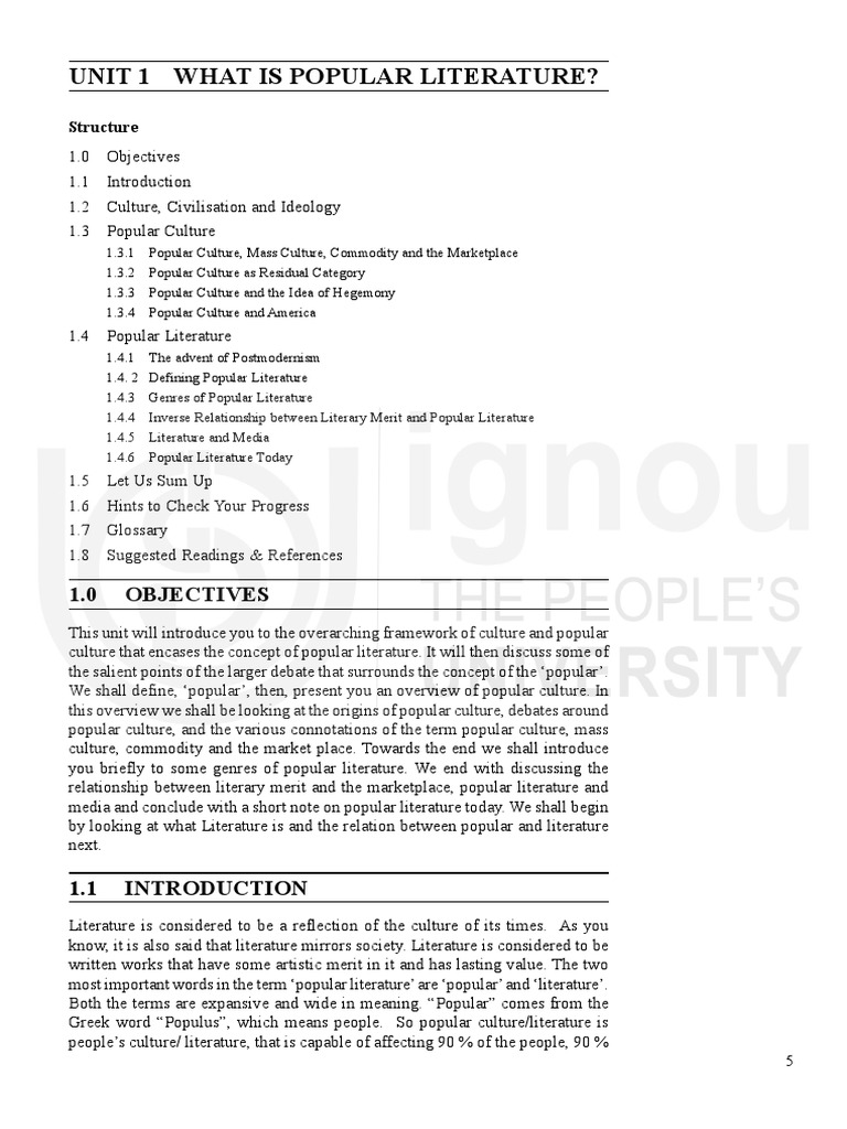 Unit 1 What Is Popular Literature?: 1.0 Objectives | PDF | Popular ...