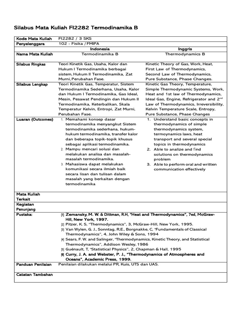 Thermodynamics B Course Syllabus: Kinetic Theory of Gas, Work, Heat ...