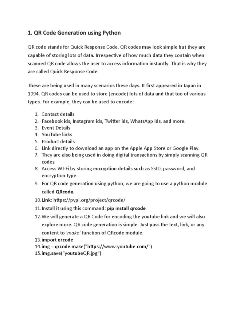 QR Code Generation Using Python: 13.import Qrcode 15.img - Save ("Youtubeqr - JPG") | PDF | Qr ...