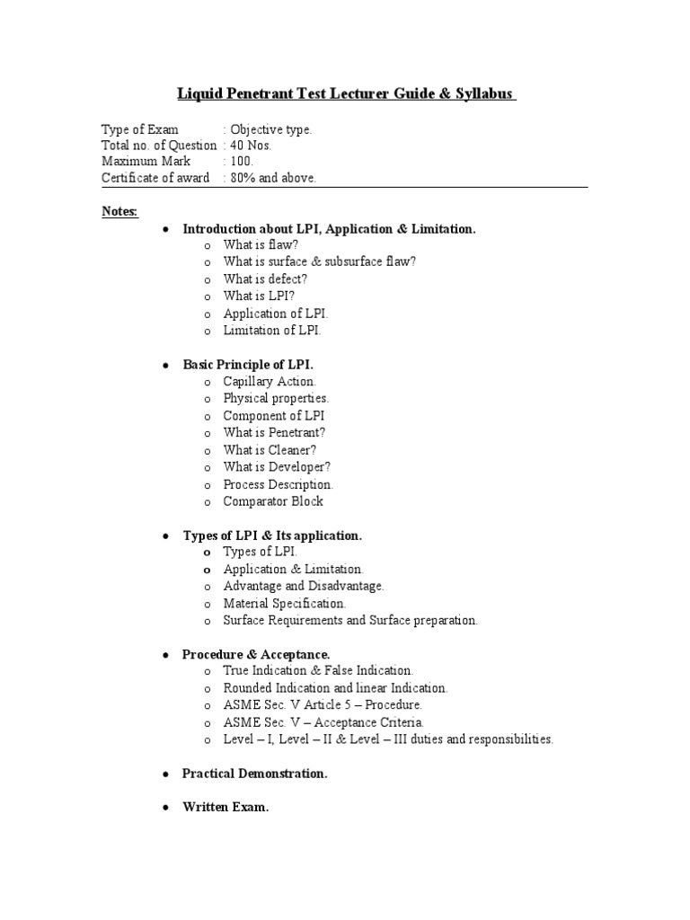 Liquid Penetrant Inspection Syllabus Guide | PDF | Industrial Processes ...