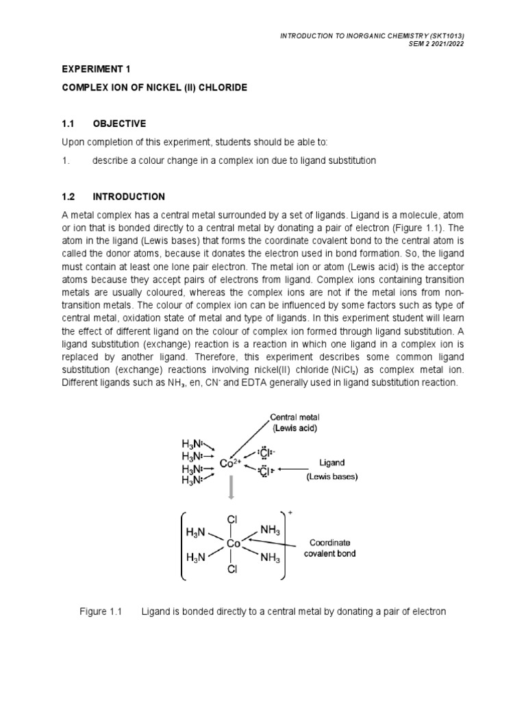 Experiment 1 Complex Ion of Nickel (Ii) Chloride: Introduction To ...