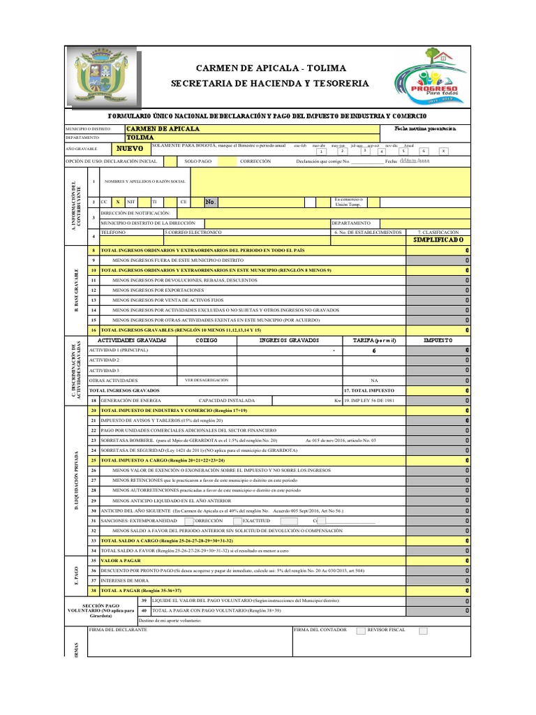 Formulario Unico Ica Nacional Carmen de Apicala | PDF | Impuestos | Economias