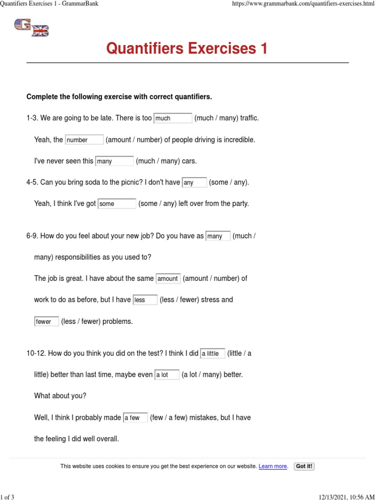 Quantifiers Exercises 1 - GrammarBank-09 | PDF