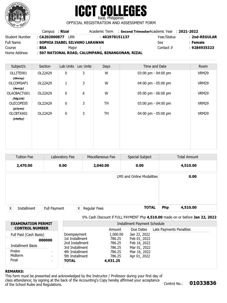 Official Registration and Assessment Form | PDF