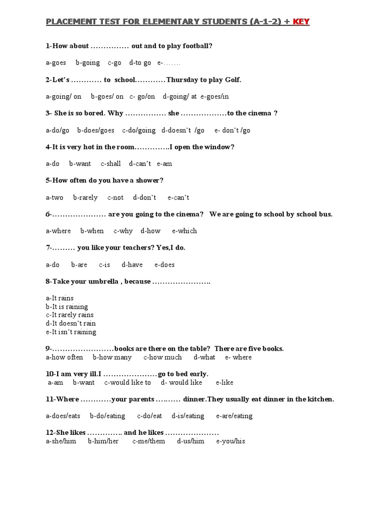 Elementary English Placement Test | PDF | Food And Drink