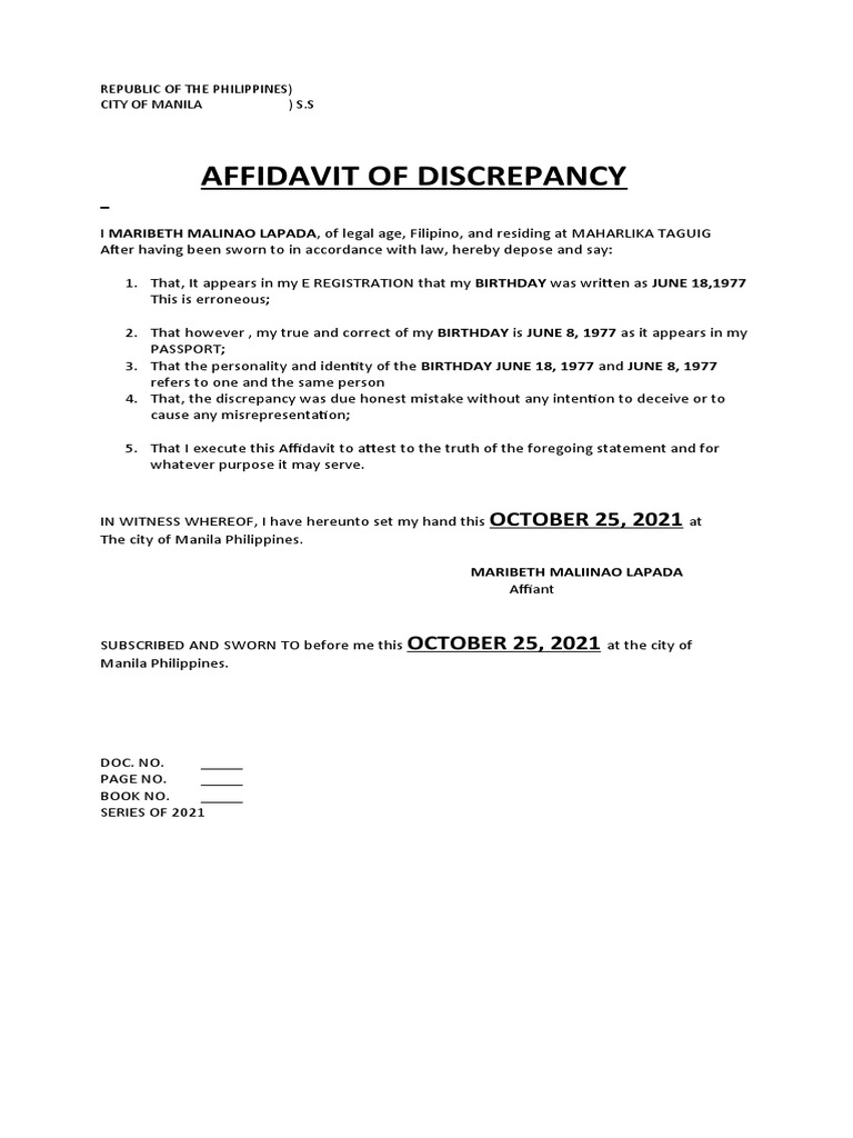 Affidavit Correcting Date of Birth Discrepancy Between Government ...