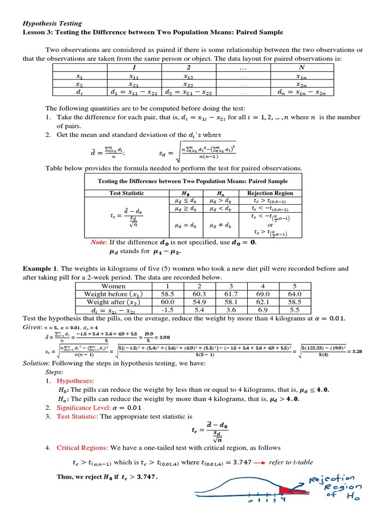 Lesson 3: Testing The Difference Between Two Population Means: Paired ...