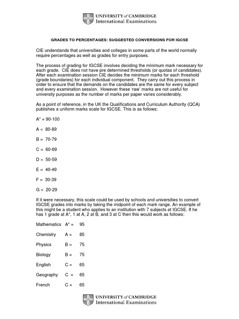 Grades To Percentages: Suggested Conversions For Igcse | PDF ...