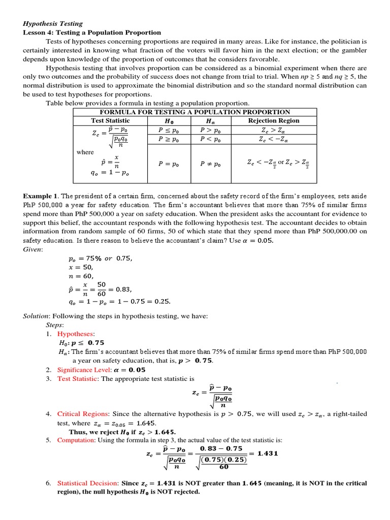 Lesson 4 - Testing A Population Proportion | PDF | Statistical ...