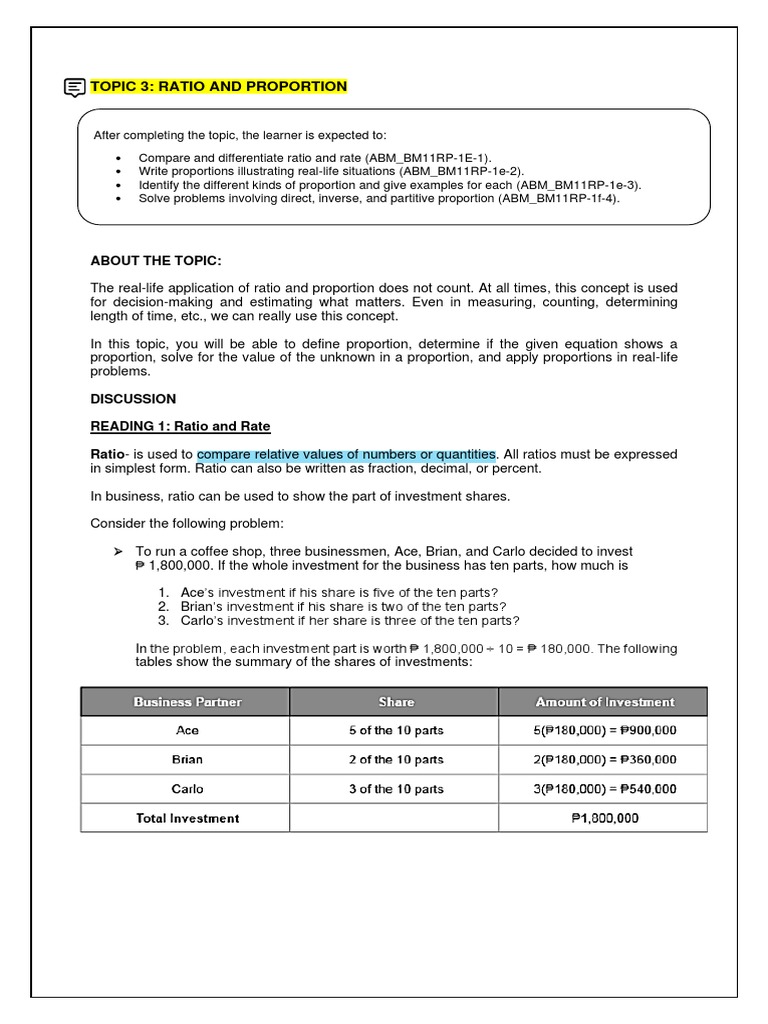 Business Math - Ratio and Proportion | PDF | Ratio | Mathematics