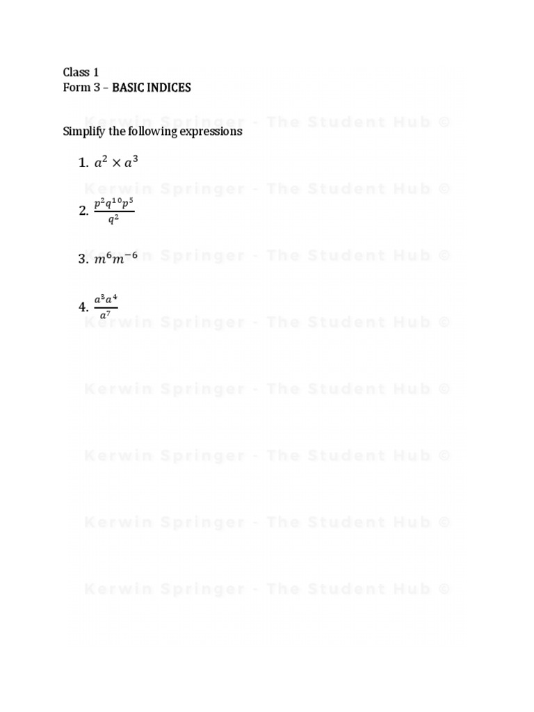 Class 1 - Basic Indices (Form 3 Level) | PDF