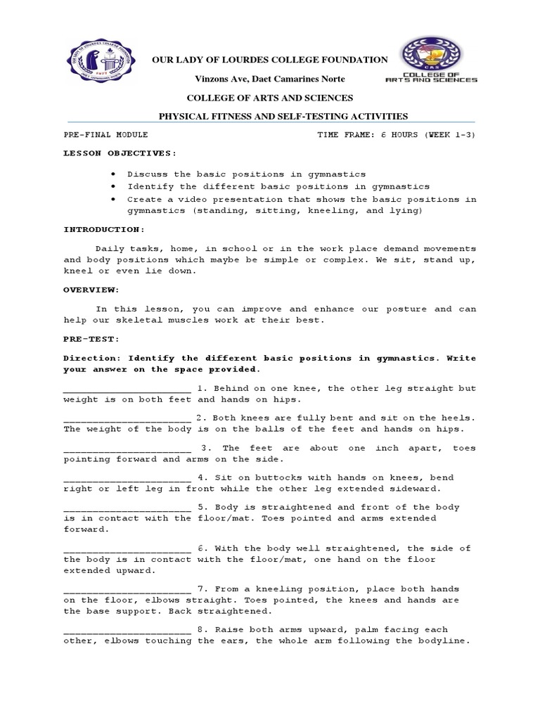 Lesson Objectives:: Pre-Final Module Time Frame: 6 Hours (Week 1-3 ...