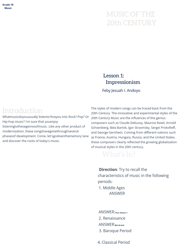 Music of The 20th CENTURY: Lesson 1: Impressionism | PDF ...