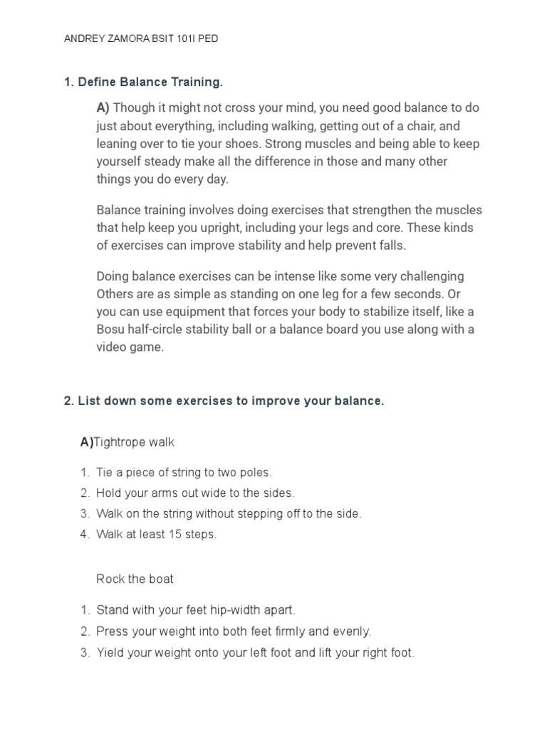 Define Balance Training. 2. List Down Some Exercises To Improve Your ...