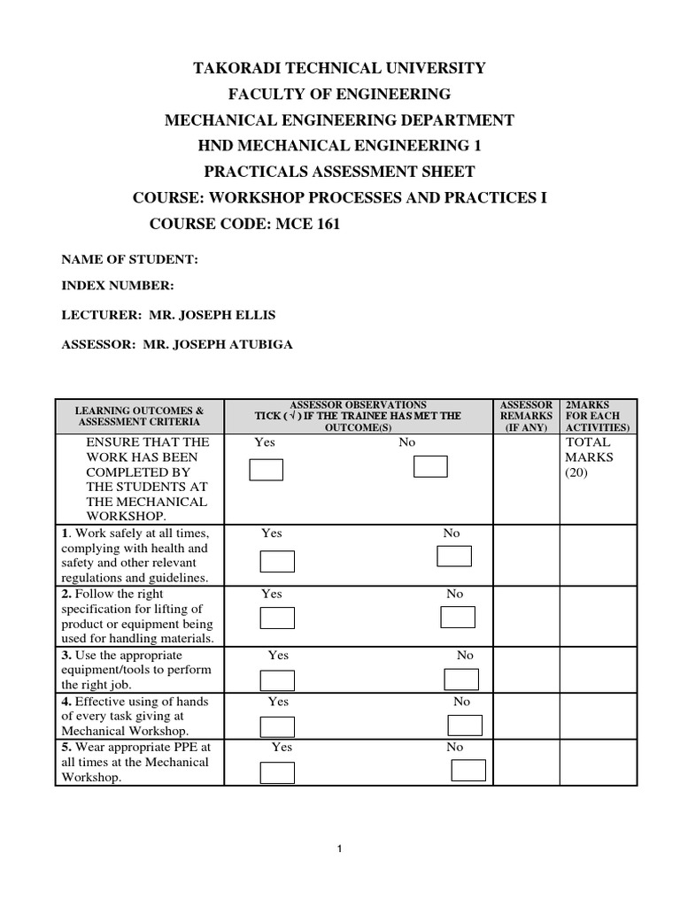 HND 1 WORKSHOP PRACTICALS (Students Assessment Sheet) | PDF | Engineering