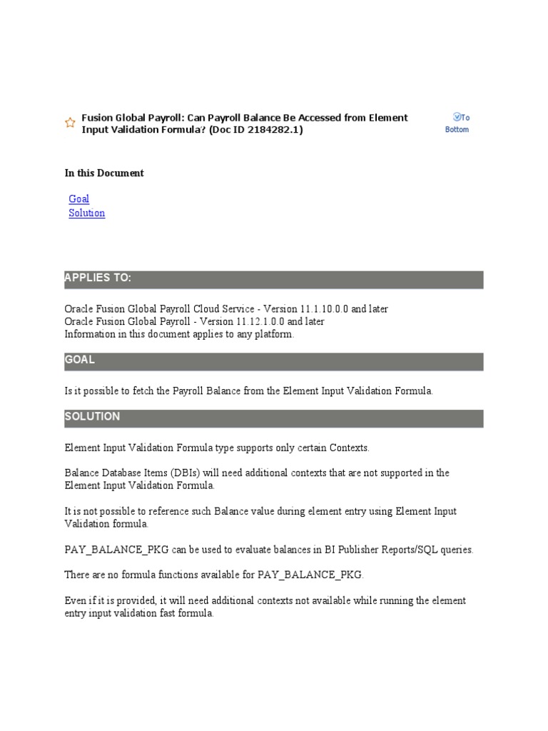Can Payroll Balance Be Accessed From Element Input Validation Formula | PDF