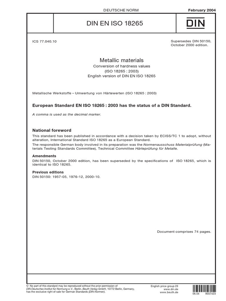 (DIN EN ISO 18265 02.2004) (Conversione Durezze) | PDF | International ...