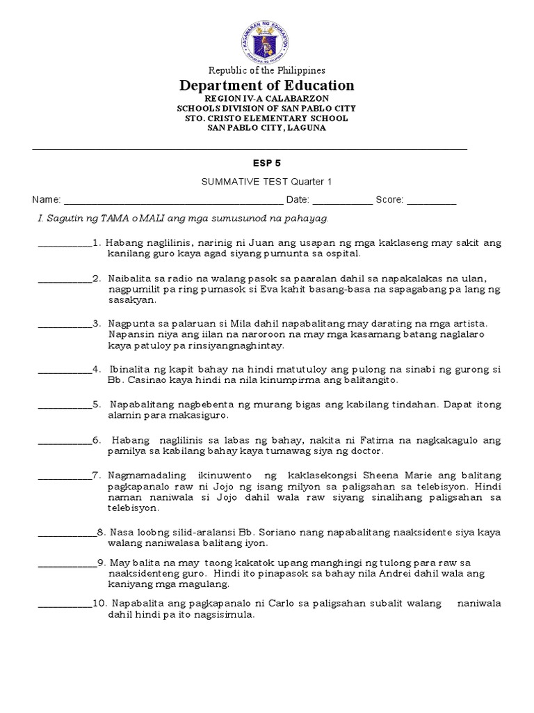 Grade 5 Summative Test in ESP | PDF