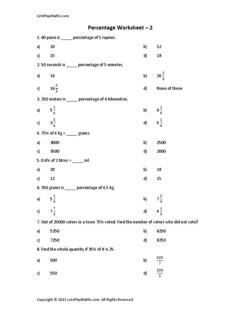 Class 7 Percentage Worksheet 2 | PDF | Economies