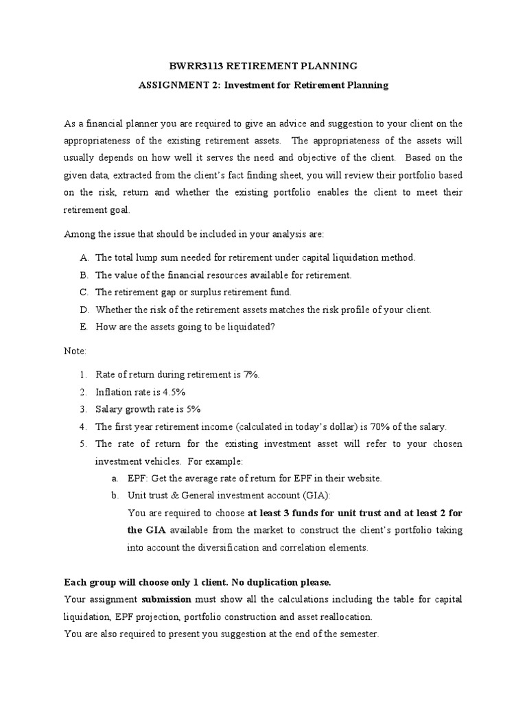 Bwrr3113 Retirement Planning ASSIGNMENT 2: Investment For Retirement ...