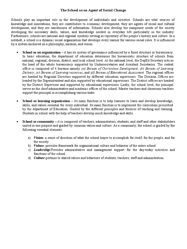 The School As An Agent of Social Change | PDF | Leadership | Teachers
