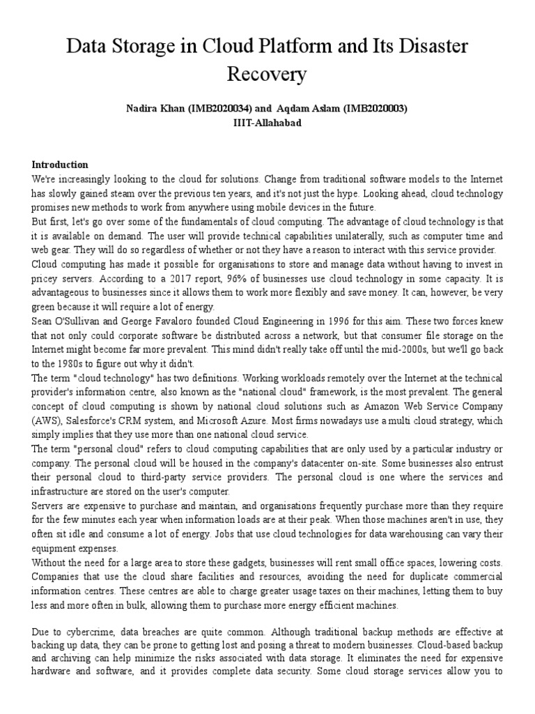 (Group-13) Data Storage in Cloud Platform and Its Disaster Recovery (Group - 7 Nadira Khan ...