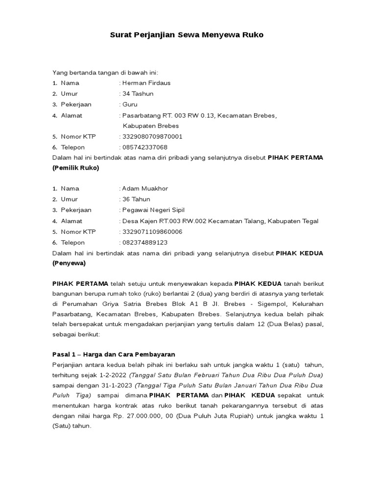 Surat Perjanjian Sewa Ruko | PDF