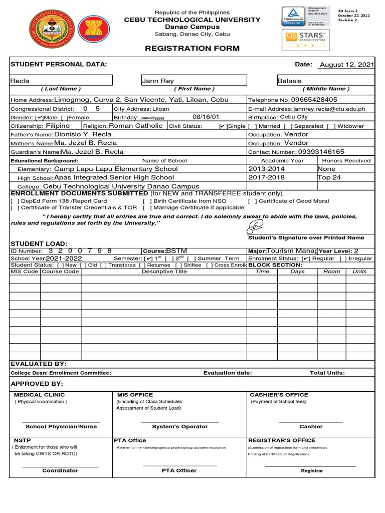 CTU Danao Campus Registration Form | PDF | Health Care