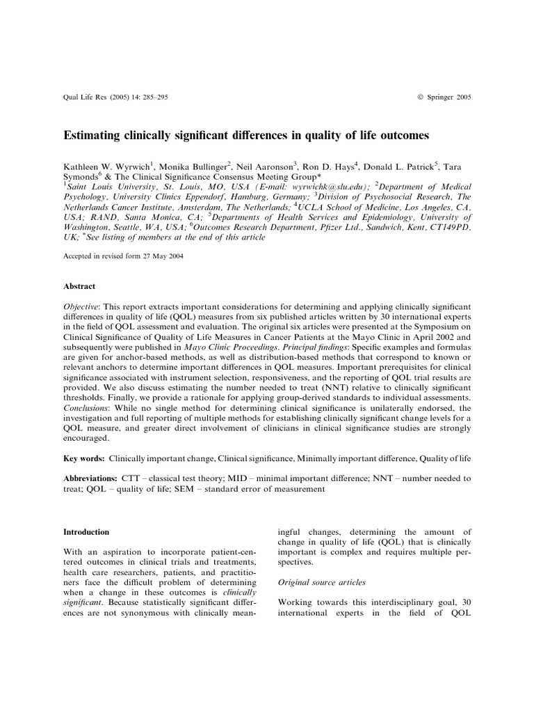 Estimating Clinically Significant Differences in Quality of Life ...