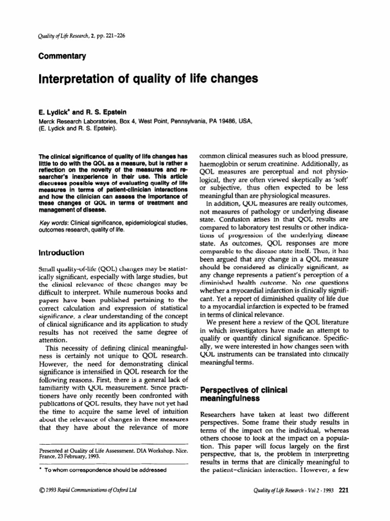 Interpretation of Quality of Life Changes | PDF | Quality Of Life ...