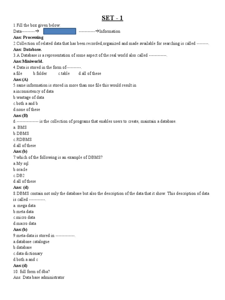 Ans: Processing Ans: Database. Ans:Miniworld | PDF | Relational Database | Databases