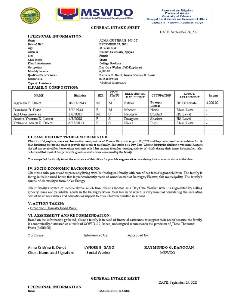 General Intake Sheet | PDF