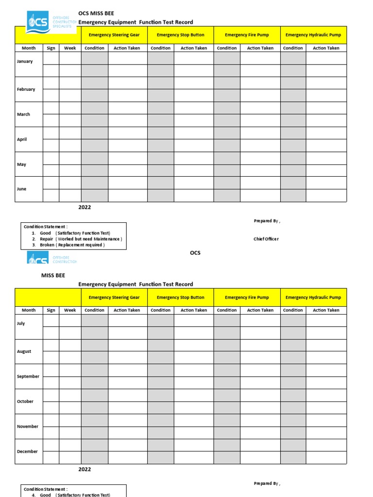 Ocs Miss Bee Emergency Equipment Function Test Record | PDF ...