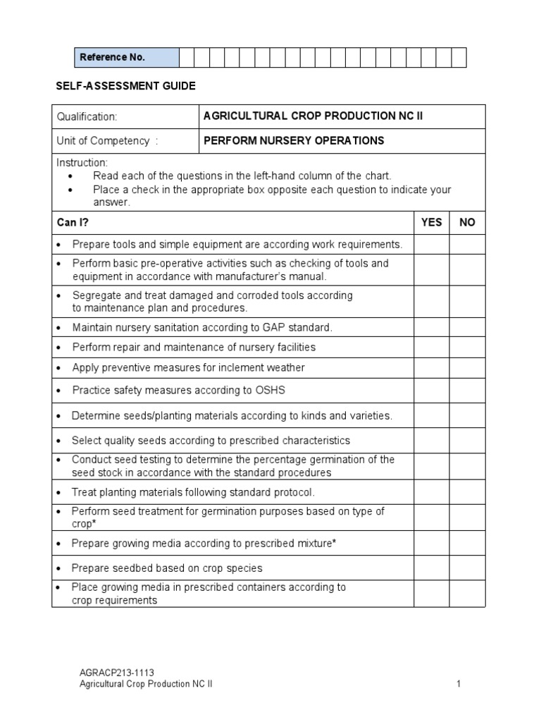 Self Assessment Check - Agricultural Crops Production NC II | PDF ...