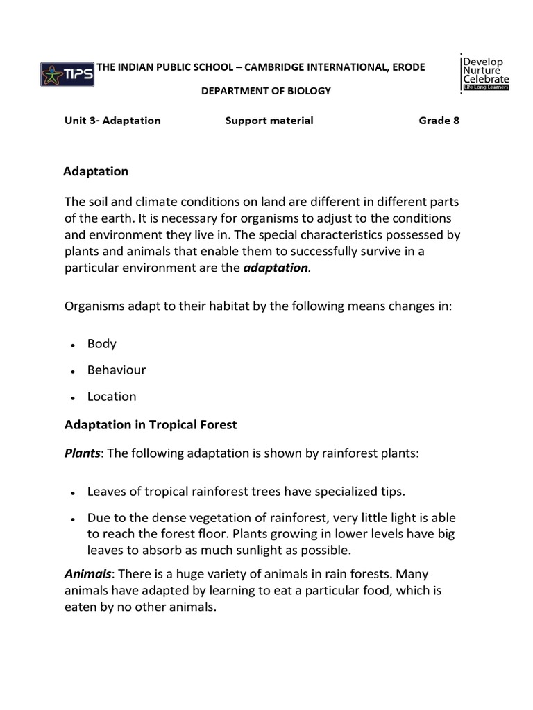 Adaptation: Unit 3-Adaptation Support Material Grade 8 | PDF | Forests ...