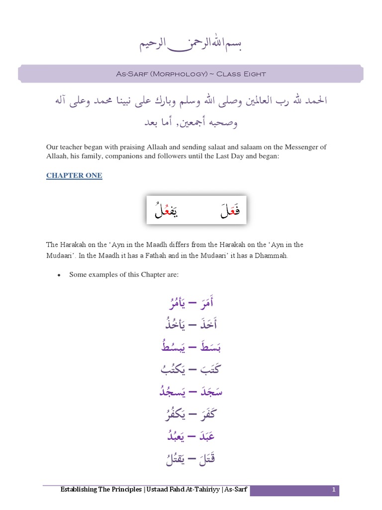 As-Sarf (Morphology) Class Eight: Chapter One | PDF | Arabic