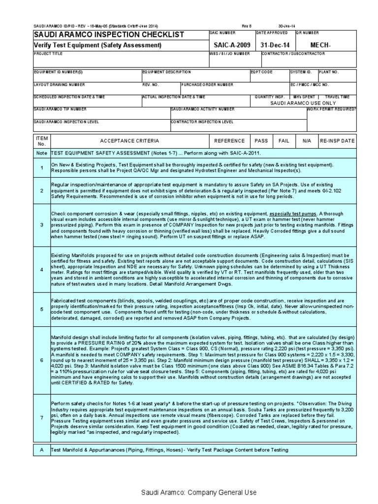 Saudi Aramco Inspection Checklist: Verify Test Equipment (Safety ...
