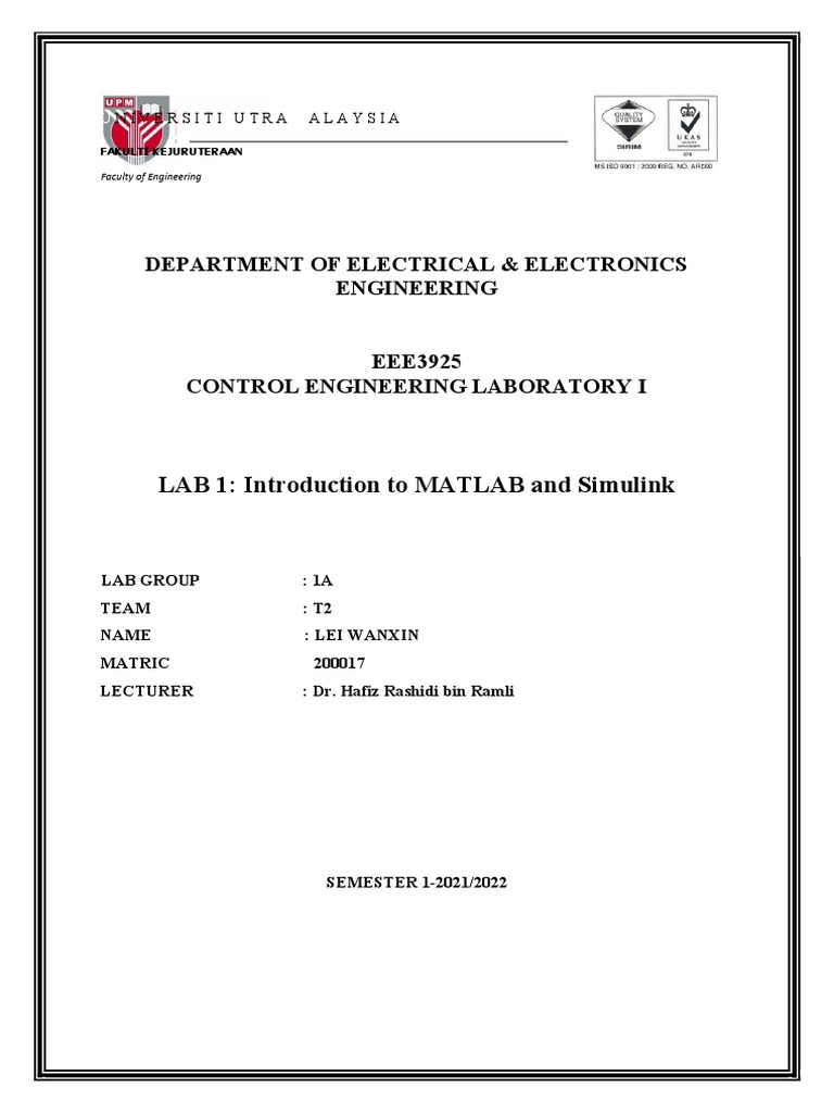 Lab 1 Introduction To Matlab And Simulink Pdf Function 8857