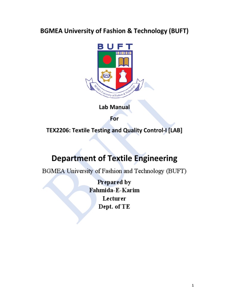 Textile Testing and Quality Control I Lab Manual 1 | PDF | Textiles | Yarn