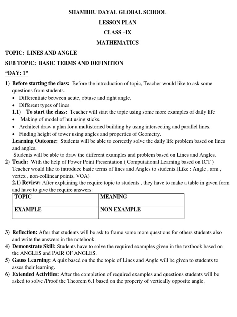 Class 9 Maths Lesson Plan | PDF | Educational Technology | Angle