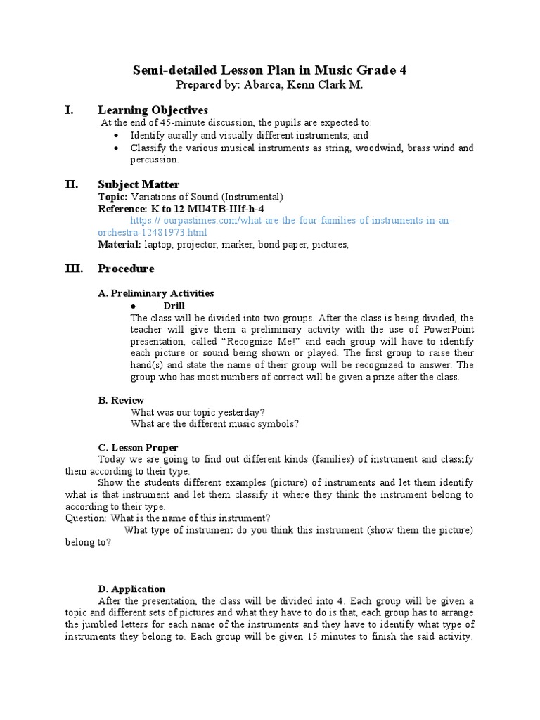 Semi-Detailed Lesson Plan in Music Grade 4: I. Learning Objectives ...
