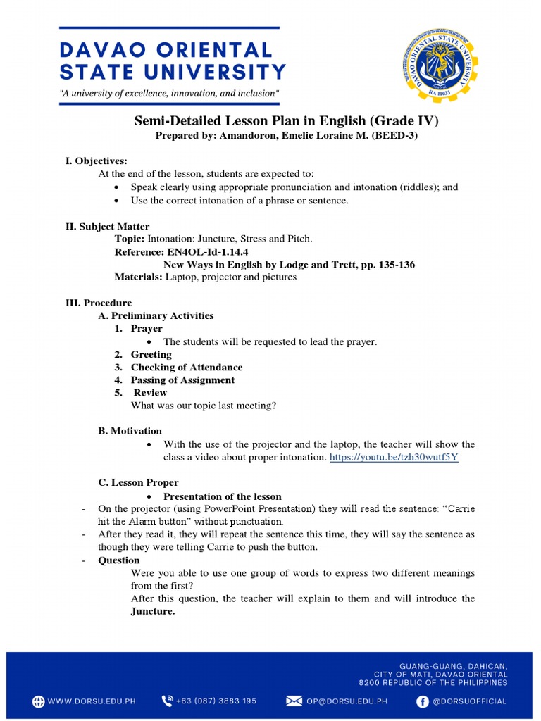 Semi-Detailed Lesson Plan in English (Grade IV) | PDF | Question ...