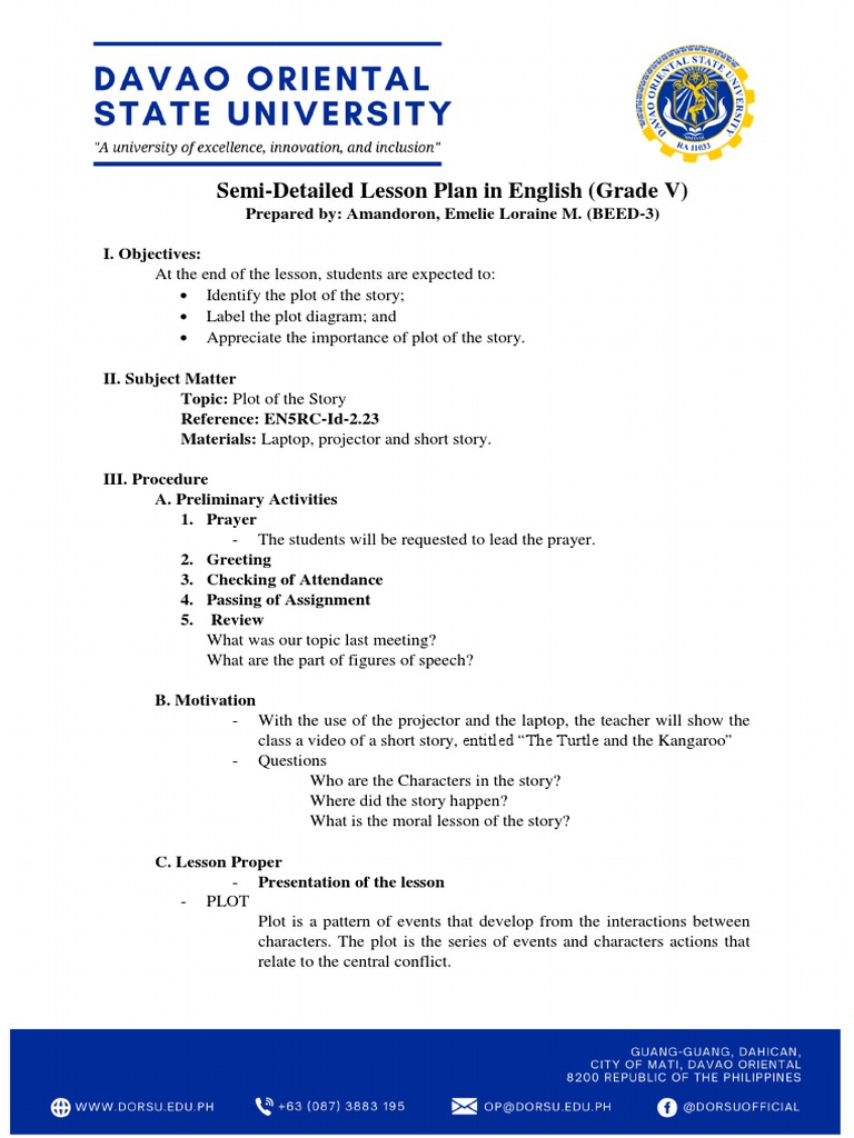 Semi-Detailed Lesson Plan in English (Grade V) | PDF | Plot (Narrative) | Cognition