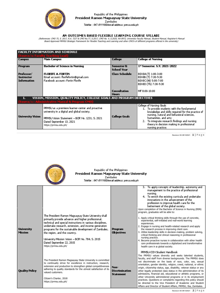 NCM 113 CHN 2 Lec Syllabus | PDF