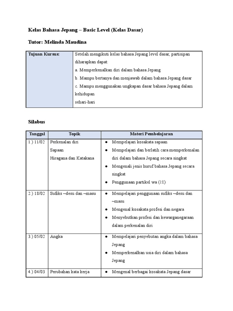 Silabus Kelas Bahasa Jepang Basic | PDF