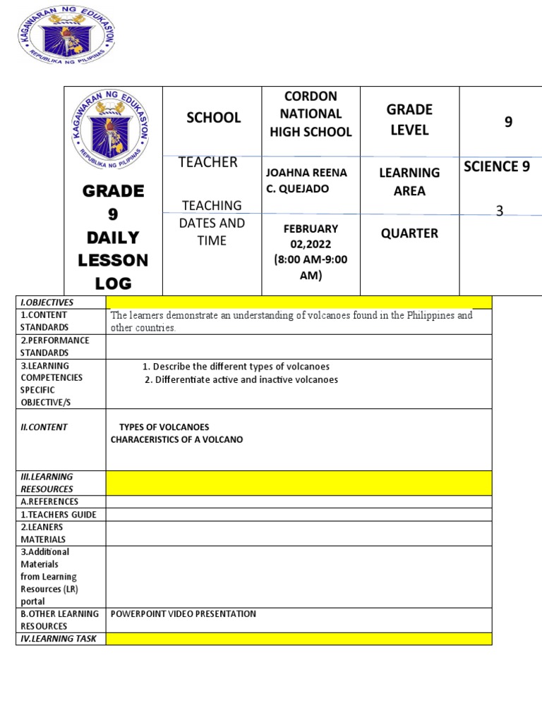 DLL For Grade 9 Science Q3 | PDF | Volcano | Types Of Volcanic Eruptions